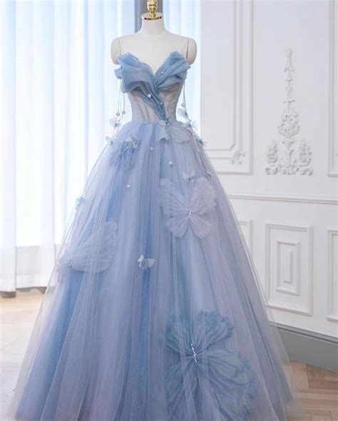 Ball Gown Blue Tulle Lace Long Prom Dresses Deep V Neck Backless