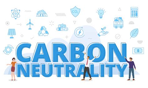 탄소 중립 개념과 큰 단어와 현대적인 파란색 스타일로 퍼지는 관련 아이콘으로 둘러싸인 사람들 대형에 대한 스톡 벡터 아트 및 기타 이미지 Istock