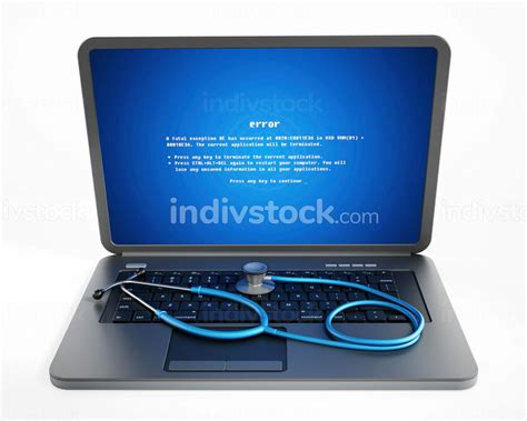 Stethoscope On Laptop Computer With A Blue Screen Error On The Display 3d Illustration