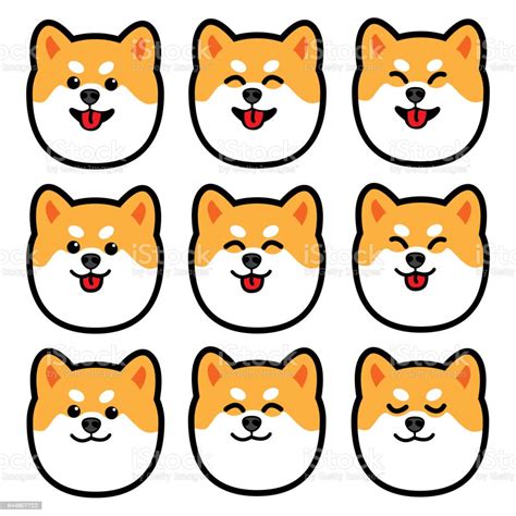 개 머리 귀여운 시바 Inu 감정 아이콘 집합 벡터 일러스트 레이 션 개에 대한 스톡 벡터 아트 및 기타 이미지 개