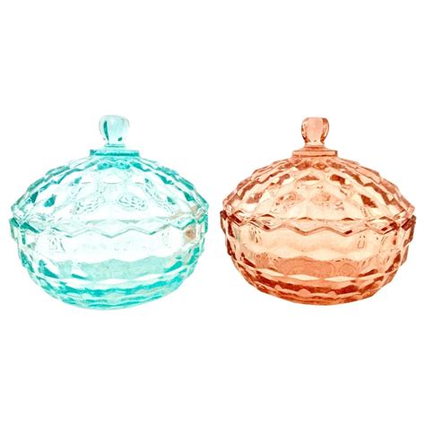 1920s American Depression Glass Diamond Cut Lidded Jars Set Of 2 For