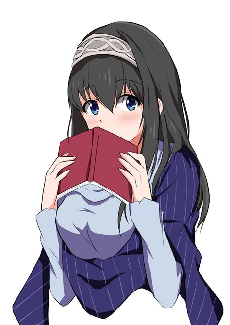 Safebooru 1girl Bangs Black Hair Blue Eyes Blush Book Breasts Eyebrows Visible Through Hair
