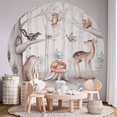 Fototapete Süße Tiere im Wald Kinderzimmertapete Rund Kvilis wall