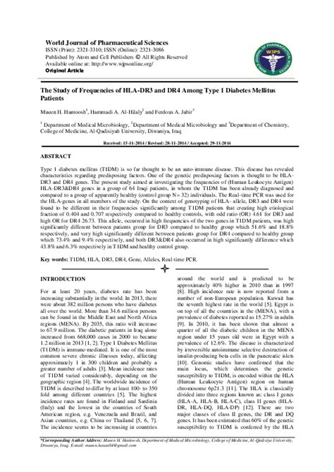 Pdf The Study Of Frequencies Of Hla Dr3 And Dr4 Among Type 1 Diabetes