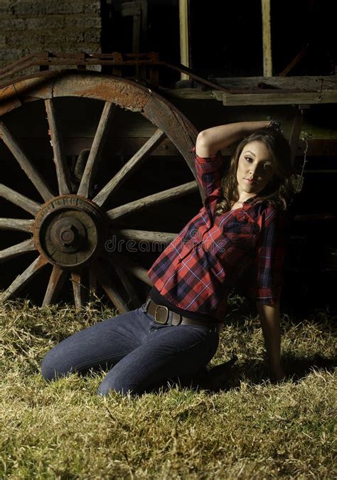 Beautiful Farm Girl Posing In Front Of Old Wagon Stock Image Image