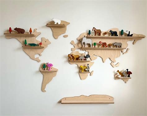 Handcrafted Wooden World Map Shelf Continent Wall Shelves Decoration