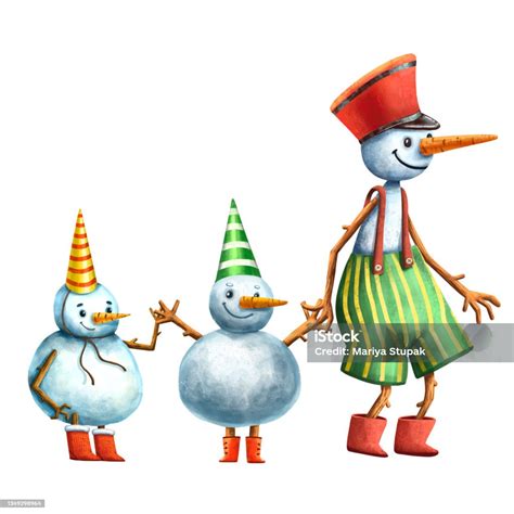 귀여운 크리스마스 일러스트레이션 재미있는 눈사람 가족 아빠와 두 아기 웃는 캐릭터 겨울 동화 일러스트의 만화 스타일 새해 복 많은 크리스마스 카드 0명에 대한 스톡 벡터