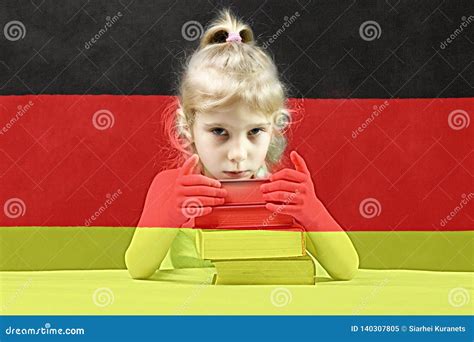German Flag Blonde Girl Wants To Learn German Double Exposure Stock