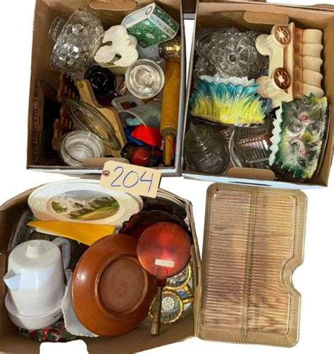 3 Boxes Of Assorted Decorative Glassware Betty Crocker Tea Pot Gold