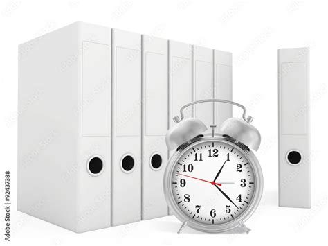 Office Blank Folder With Alarm Clock In Front White Background Stock