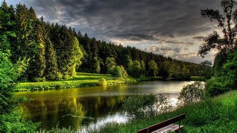 1920x1080 Wallpaper River Summer Bench Trees
