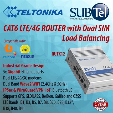Teltonika Rutx12 Cat6 Dual Sim Lte Router Industrial 3g 4g Load Balancing With Wireguard Vpn