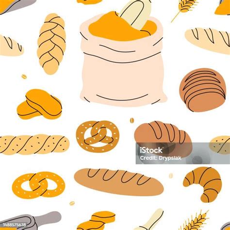신선한 빵 패턴입니다 베이커리 생과자 제품 원활한 배너 통곡물과 밀 빵 색깔 있는 베이커리 제품 배경 건강한 생활방식에 대한 스톡 벡터 아트 및 기타 이미지 Istock
