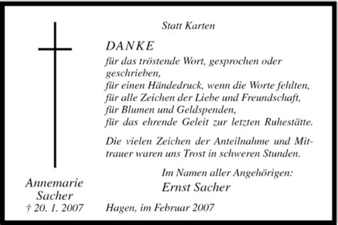 Traueranzeigen Von Annemarie Sacher Trauer In Nrw De