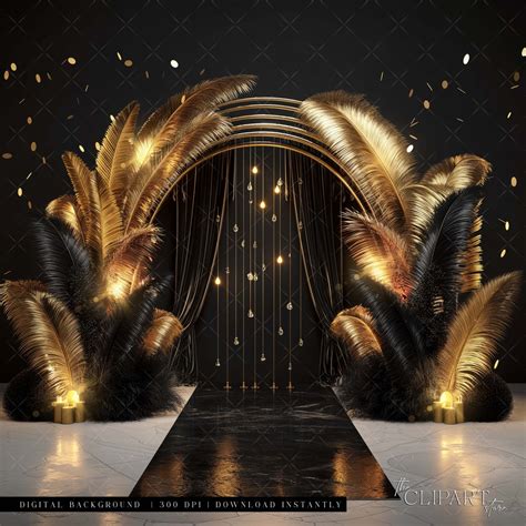 Elegant Black And Gold Digital Photography Backdrop Feathers And Pampas