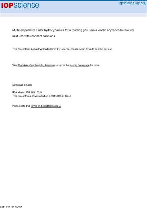 Pdf Multi Temperature Euler Hydrodynamics For A Reacting Gas From A