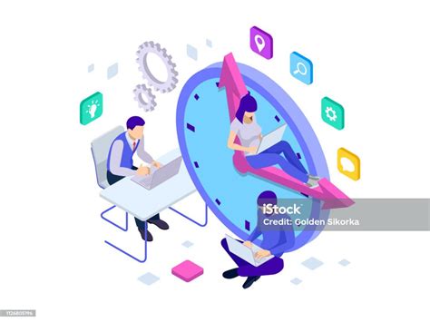 아이소메트릭 효과적인 시간 관리 개념입니다 비즈니스 사람과 계획 작업 시간 거래 마감을 구성 목표를 달성 등측투영법에 대한 스톡 벡터 아트 및 기타 이미지 Istock