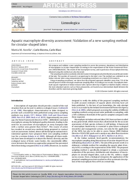 Pdf Aquatic Macrophyte Diversity Assessment Validation Of A New Sampling Method For Circular