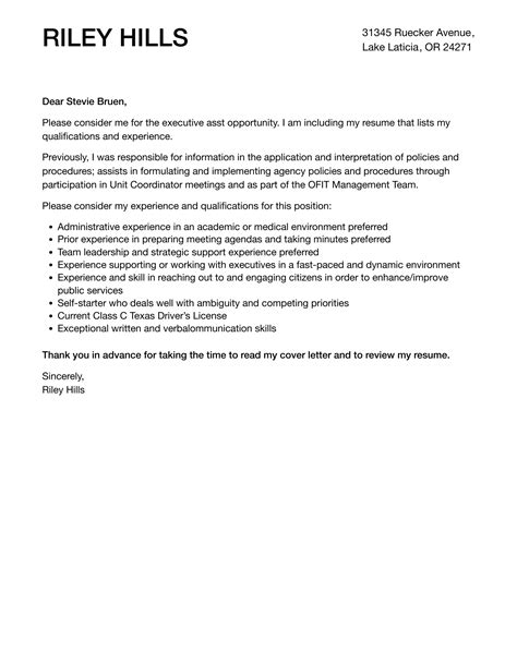 Executive Asst Cover Letter Velvet Jobs