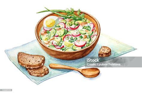 러시아어 여름 수프 Okroshka의 수채화 그림 갈색에 대한 스톡 벡터 아트 및 기타 이미지 갈색 감자 요리 건강한
