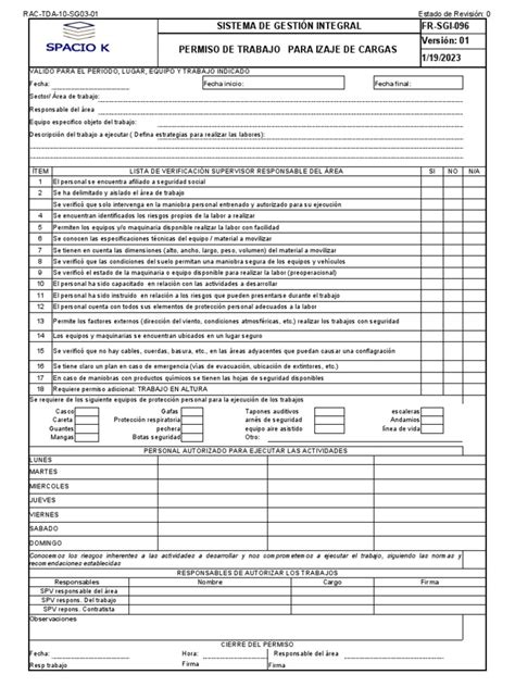 Permiso Para Izaje De Carga Pdf