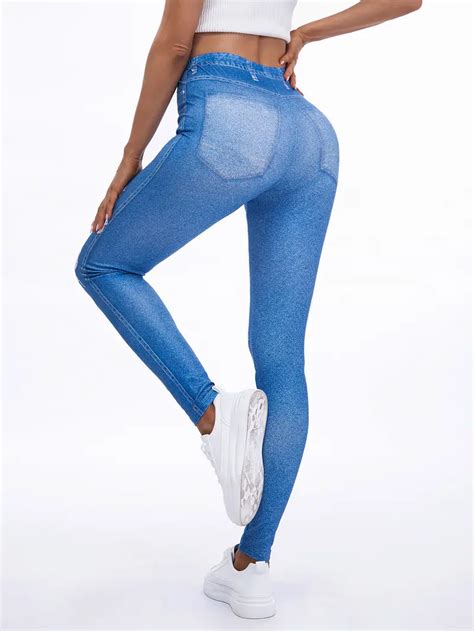 Womens Leggings Faux Denim Floral Printed Yoga Pants Casual Temu