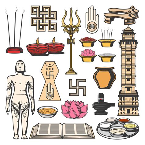 Jainism Indian Religion Symbols Jain Dharma Icons Vector Art
