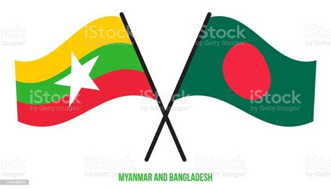 미얀마와 방글라데시 국기는 교차하고 플랫 스타일을 흔들 공식 비율 올바른 색상입니다 Flag Of Bangladesh에 대한
