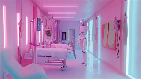 A Retro Futuristic Hospital With Robot Doctors And Glowing Equipment