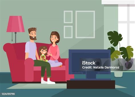 소파에 앉아 함께 Tv를 보고 집에서 가족 시간을 보는 아이와 벡터 일러스트 가족 검역 기간 동안 집과 건강 관리에 머무르기 만화 플랫 스타일의 딸과 행복한 부모 가족에