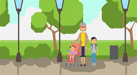 아기 유모차 다 세대 가족 도시 공원 가로등 잔디 나무 템플릿 배경 평면에 전체 길이 아바타에서 손자와 함께 아프리카 할머니