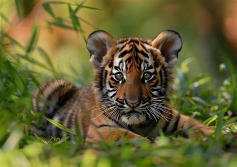 A Tiger Cub Is Laying In The Grass And Is Laying In The Grass Premium