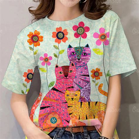 เสื้อสงกรานต์2567เสื้อยืดคอกลมแขนสั้นพิมพ์ลายแมวการ์ตูนสวมใส่สบายๆ