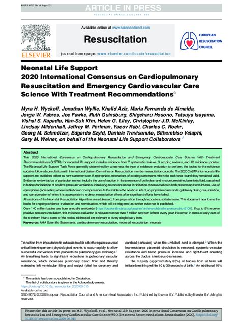 Pdf Neonatal Life Support 2020 International Consensus On