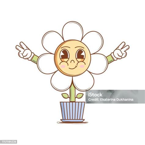 펑키 캐릭터 그루비 스타일의 냄비에 꽃을 피웁니다 다양한 목적을 위해 투명한 배경에 고립된 복고풍 스티커 빈티지 벡터 아트 0