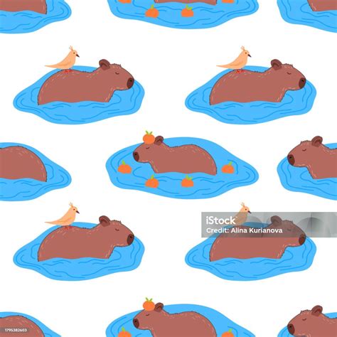 カフララ 완벽 한 패턴입니다 직물 아동복 포장지 아동용 섬유에 대한 Capibara 벡터 일러스트 레이 션 0명에 대한 스톡