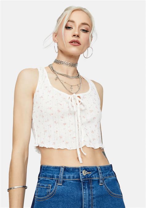 Floral Lace Up Front Cropped Tank Top White Dolls Kill