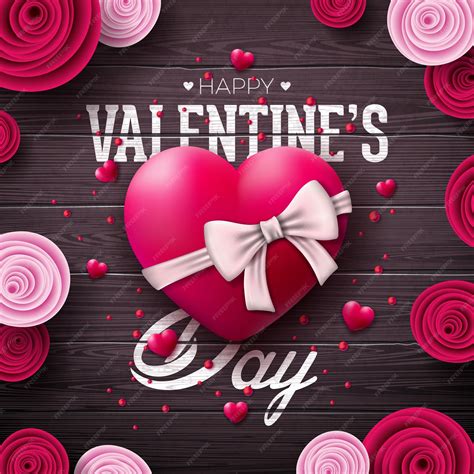 핑크 배경에 하트와 타이포그래피 편지에 장미 꽃 나비와 함께 해피 발렌타인 데이 디자인 프리미엄 벡터