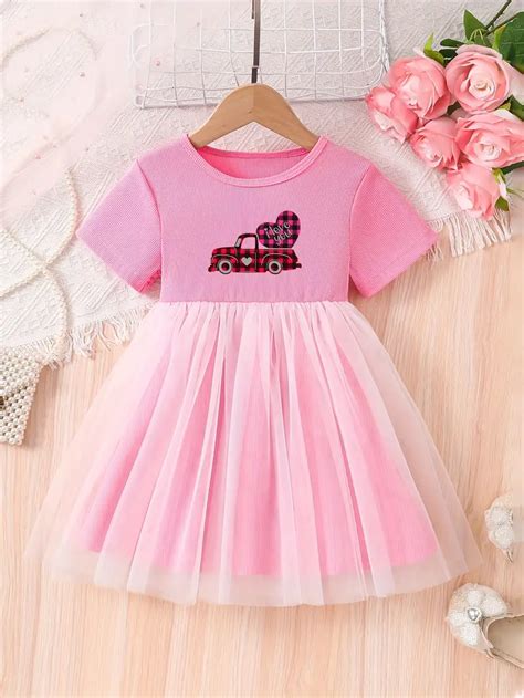 Plaid Truck And Heart Graphic Short Sleeve Tutu Dress Girls Casual Sweet