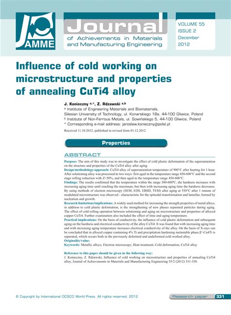Pdf Influence Of Cold Working On Microstructure And Properties Of