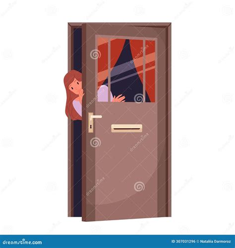 Girl Standing Behind Opening Door Looking Out Young Woman Peeking