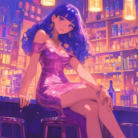 Premium Photo Anime Girl Sitting On Bar Stool In Front Of Shelves Of
