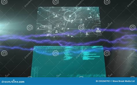 Animation Of Cascading Interface Screens Processing Data With Purple