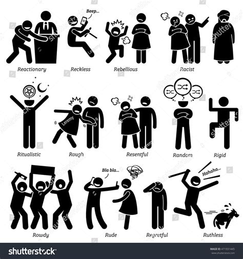 Negative Personalities Character Traits Stick Figures Stock Vector