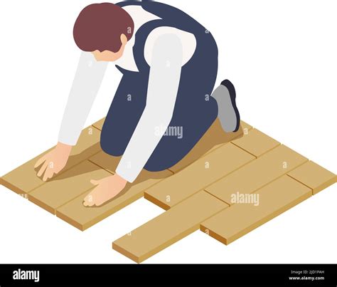 Modular Frame Building Isometric Composition With Human Character Of Worker Doing Tiling Vector