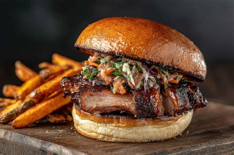 Delicious Barbecue Pulled Pork Sandwich With Coleslaw And Fries Stock