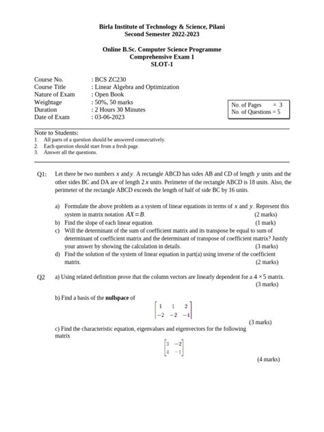 Ou5bebmqrwvood12u2edaefab9ce84eee4e6ba0f4d5c926bf5ea12022 2023sem2bcs Zc230linear Algebra