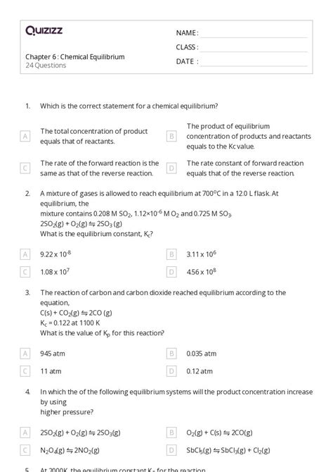 50 Equilibrium Constant And Reaction Quotient Worksheets For 12th Class On Quizizz Free