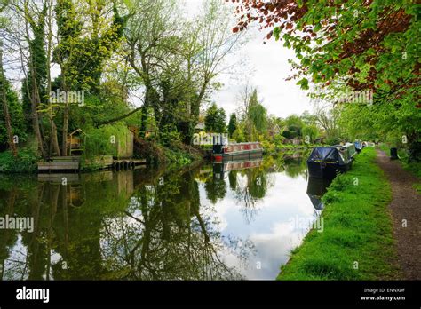 The Bridgewater Canal And Narrow Boats In Stockton Heath Warrington