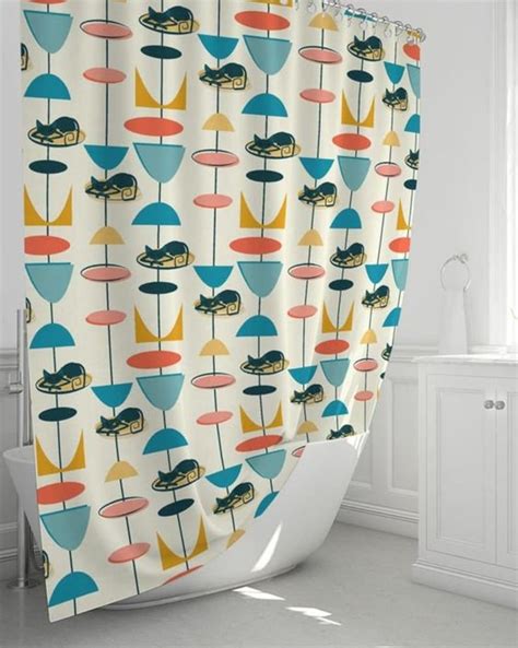 Retro Shower Curtain Atomic Cat Retro Whimsical Cool Kitty 50s Atomic